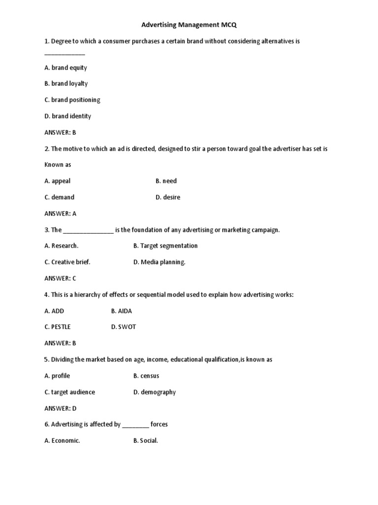 Advertising Management MCQ | PDF | Advertising | Marketing