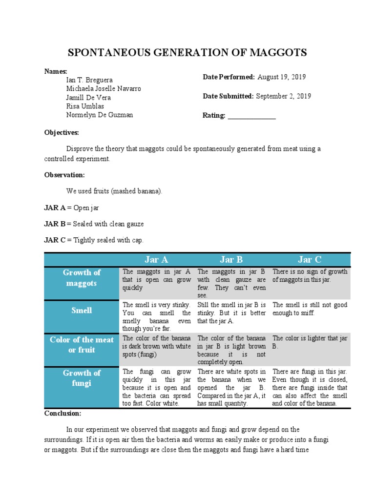 Spontaneous Generation of Maggots: Jar A Jar B Jar C | PDF | Experiment ...