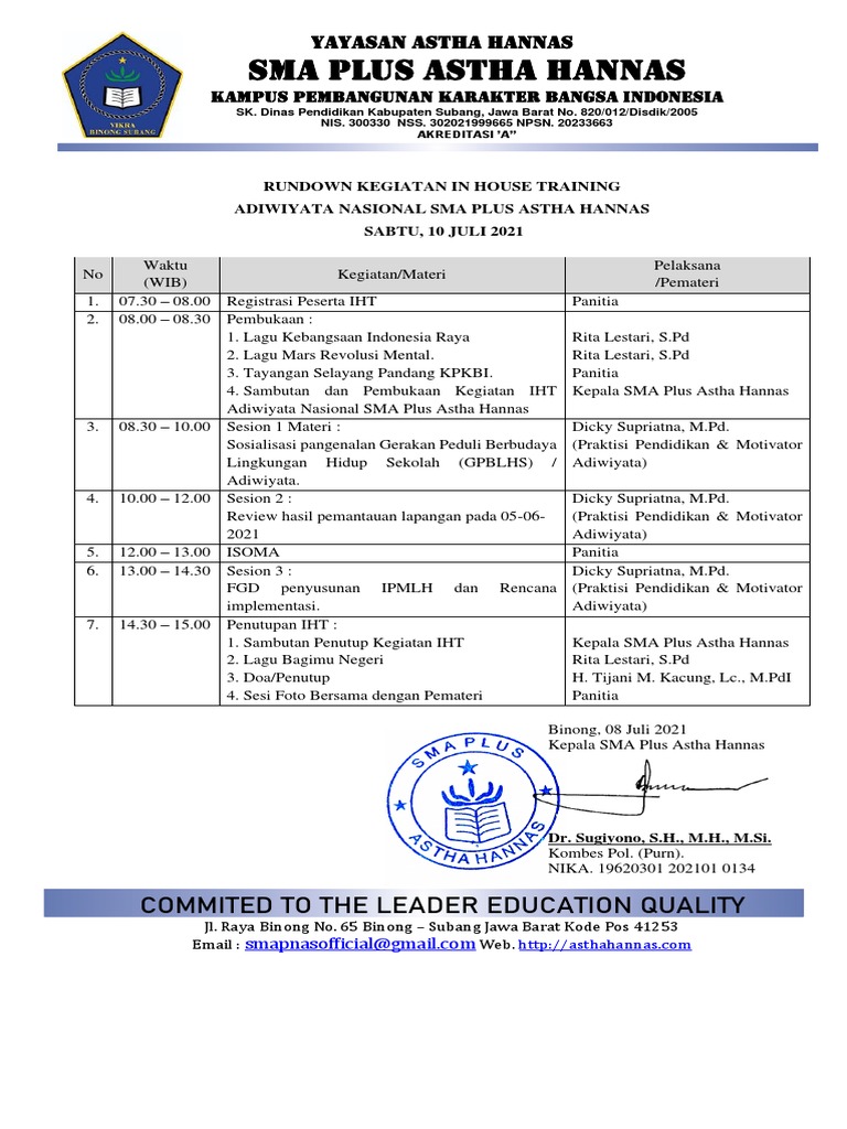 Rundown Iht Adwiyata Nasional Sma Plus Astha Hannas (10-07-2021) | PDF