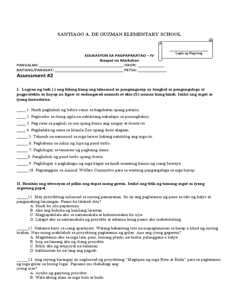 ESP 4 - Assessment # 1 (4th Quarter) | PDF