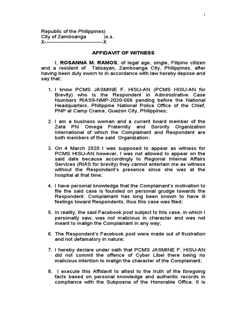 Affidavit of Witness | PDF | Affidavit | Criminal Law