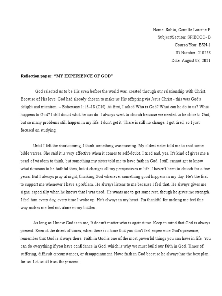 Reflection Paper: "MY EXPERIENCE OF GOD" | PDF | Faith | God