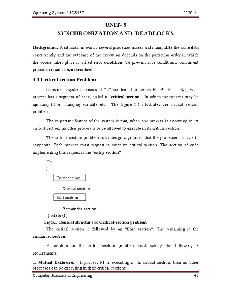 Unit 3 Synchronization And Deadlocks 3 1 Critical Section Problem Pdf Process Computing