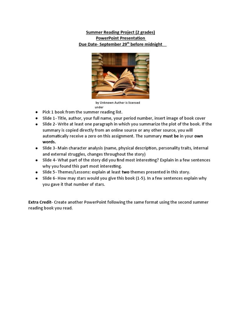 Summer Reading Project (2 Grades) Powerpoint Presentation Due Date ...