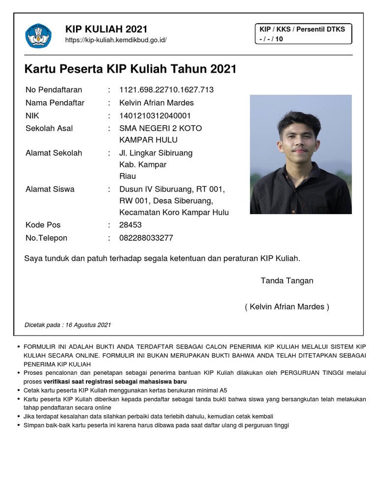 Contoh Kartu Peserta KIP Kuliah | PDF