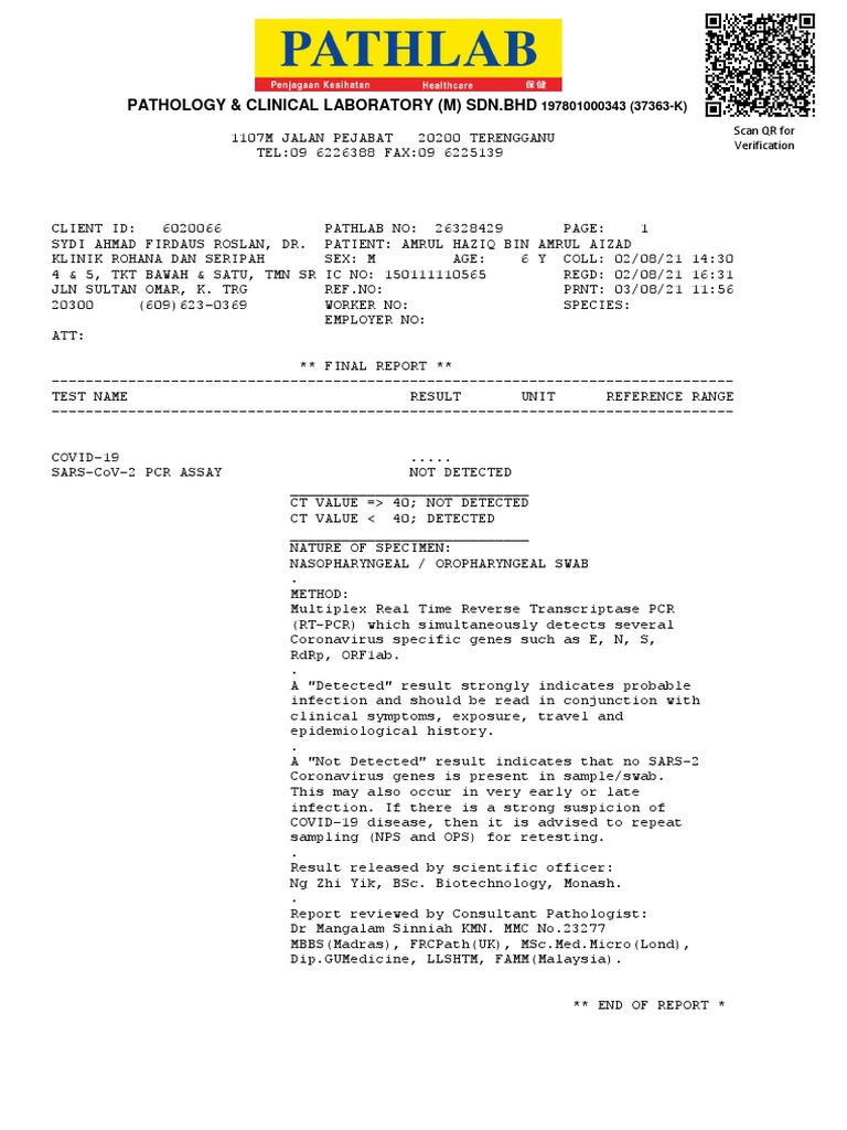 Pathology & Clinical Laboratory (M) SDN - BHD: Scan QR For Verification ...