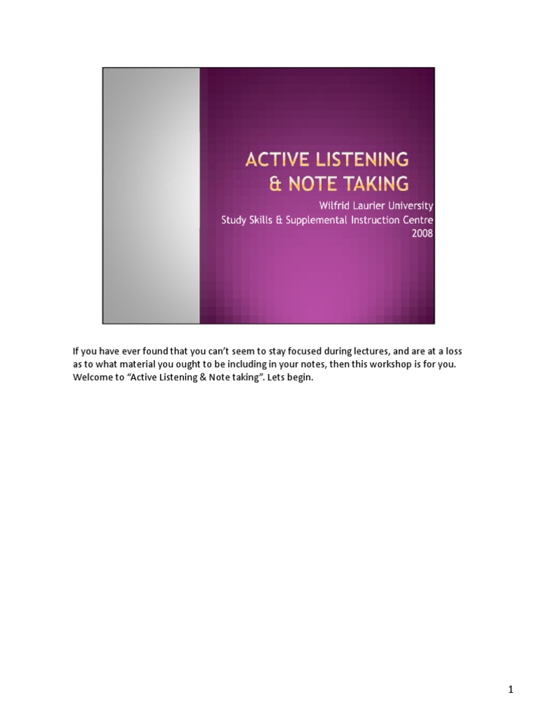 Active Listening and Note Taking Workshop | PDF | Lecture | Memory