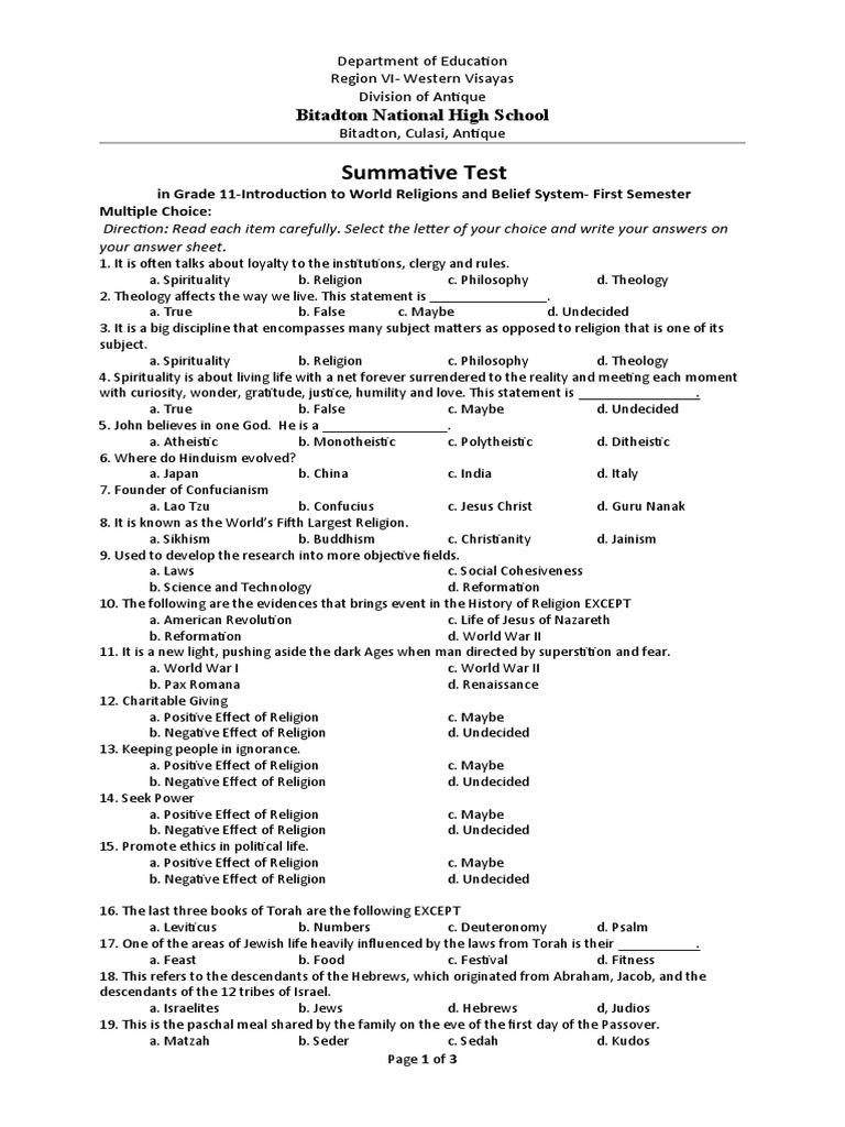 Grade 11 World Religions Summative Test | PDF | Israelites | Jews