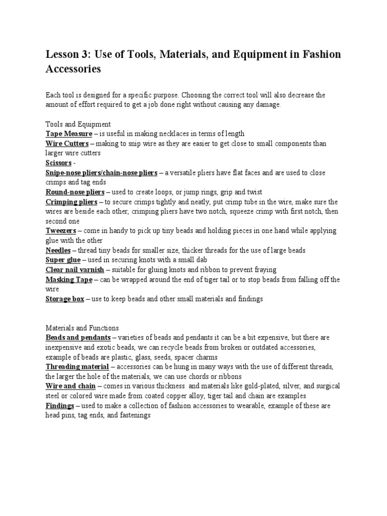 Lesson 3 in TLE - Use of Tools, Materials, and Equipment in Fashion ...