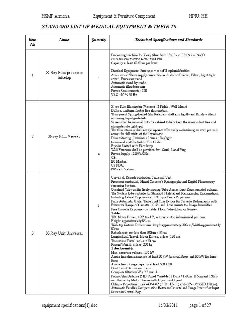 Medical Equipment Specifications List | PDF | Medical Ultrasound ...