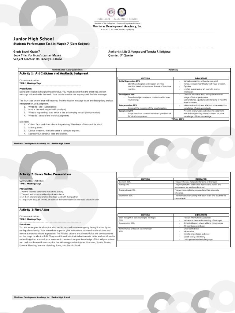Grade 7 MAPEH Performance Tasks | PDF | Outdoor Recreation | Rubric ...