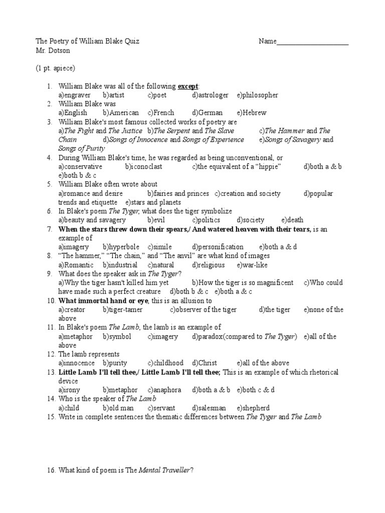 William Blake Quiz | PDF | William Blake | Poetry