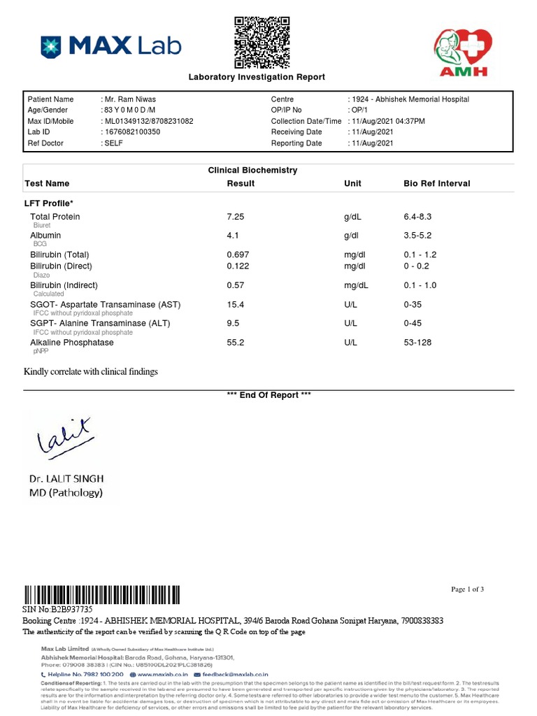 Laboratory Investigation Report: Kindly Correlate With Clinical ...