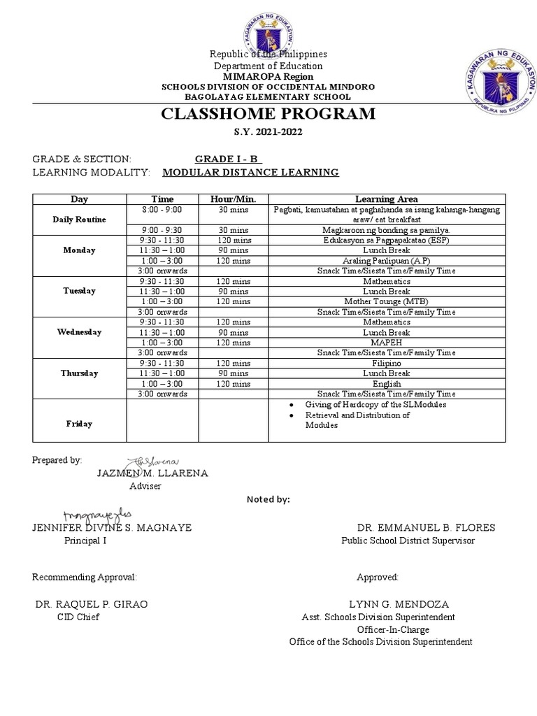 Class Program Grade 1 | PDF