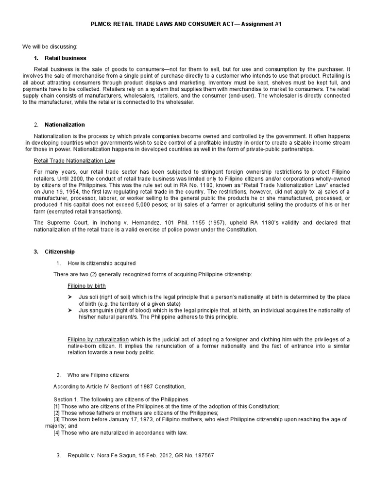 Plmc6: Retail Trade Laws and Consumer Act - Assignment #1 | PDF ...