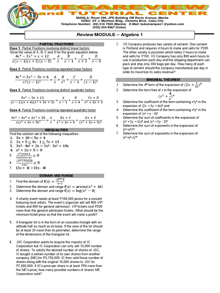 Algebra 1 Review: Partial Fractions & Inequalities | PDF | Mathematical ...