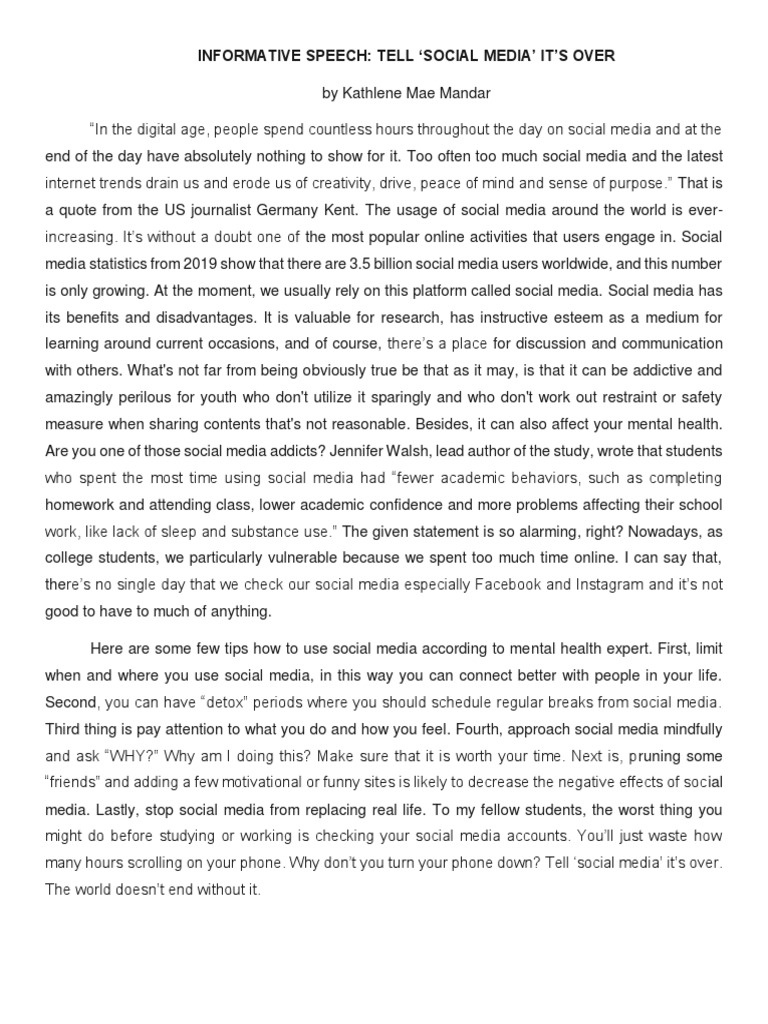 Informative Speech: Tell Social Media' It'S Over | PDF | Social Media ...