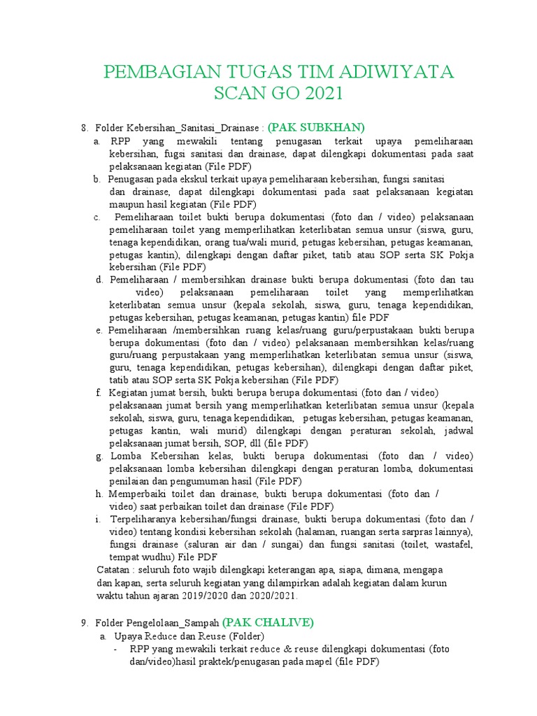 Pembagian Tugas Tim Adiwiyata 2021 | PDF | Kajian Bahasa Asing | Sains ...