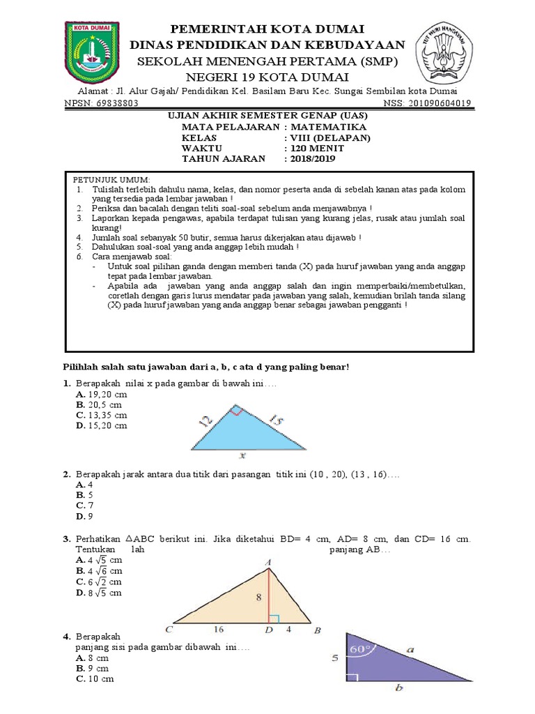 Soal Uas Kelas 8 MTK Genap TP 2018 2019 | PDF