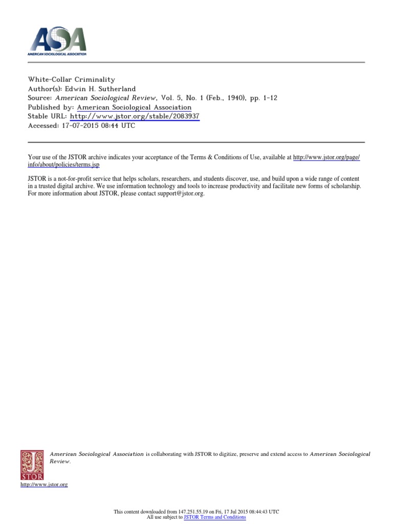 Sutherland. 1940. White-Collar Criminality | PDF | Crimes | Crime ...