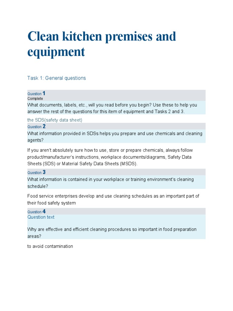 Clean Kitchen Premises and Equipment: Task 1: General Questions | PDF