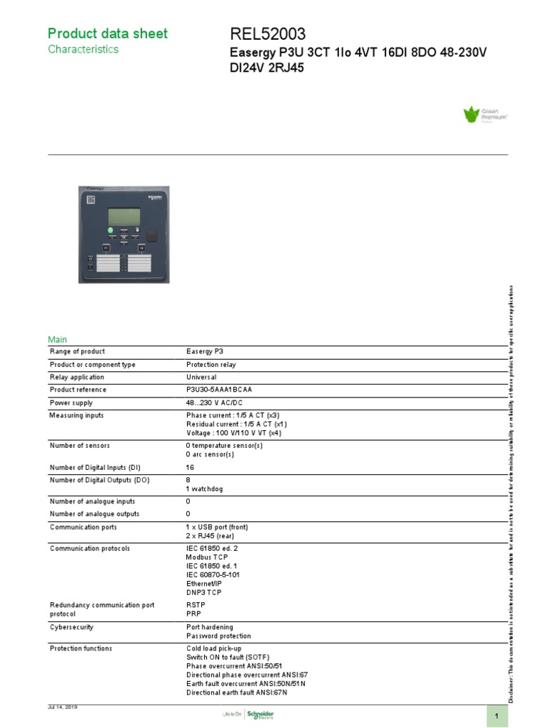 Product Data Sheet: Easergy P3U 3CT 1io 4VT 16DI 8DO 48-230V DI24V 2RJ45 | Download Free PDF ...