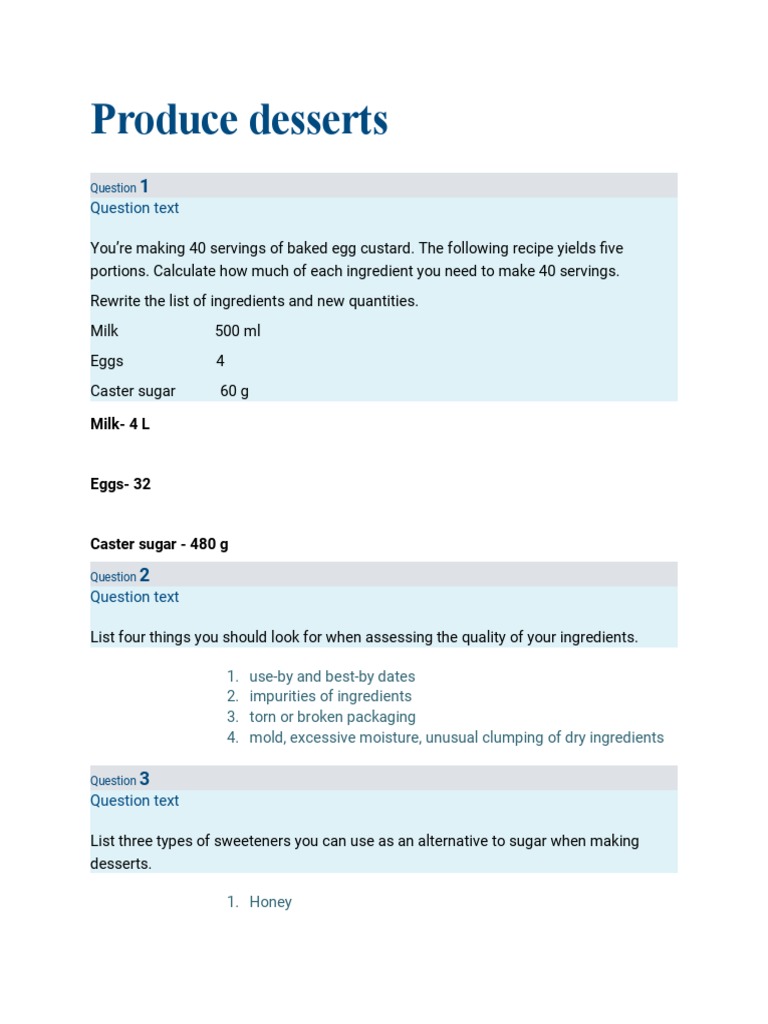 Produce Desserts: Question Text | PDF | Desserts | Custard