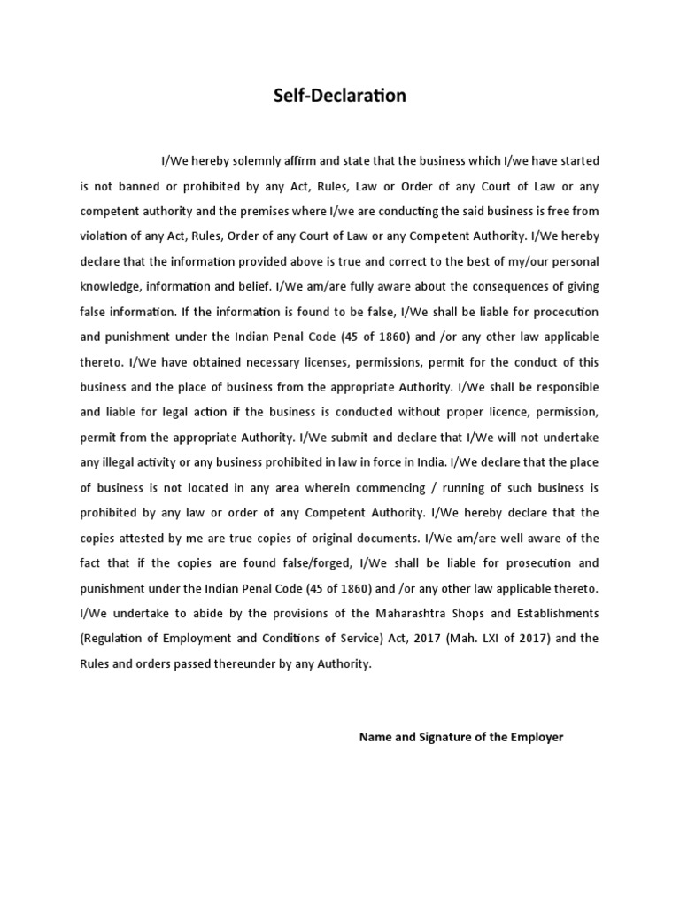 Self Declaration Shop Act | PDF