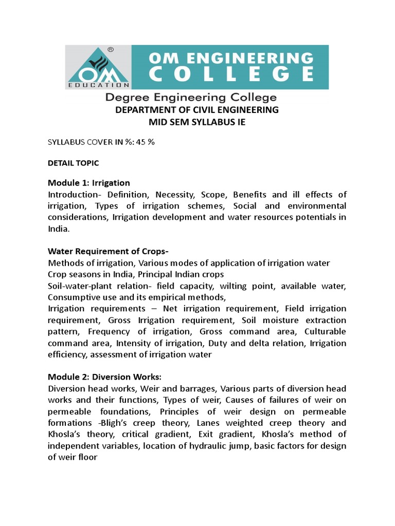 Department of Civil Engineering Mid Sem Syllabus Ie: Module 1 ...
