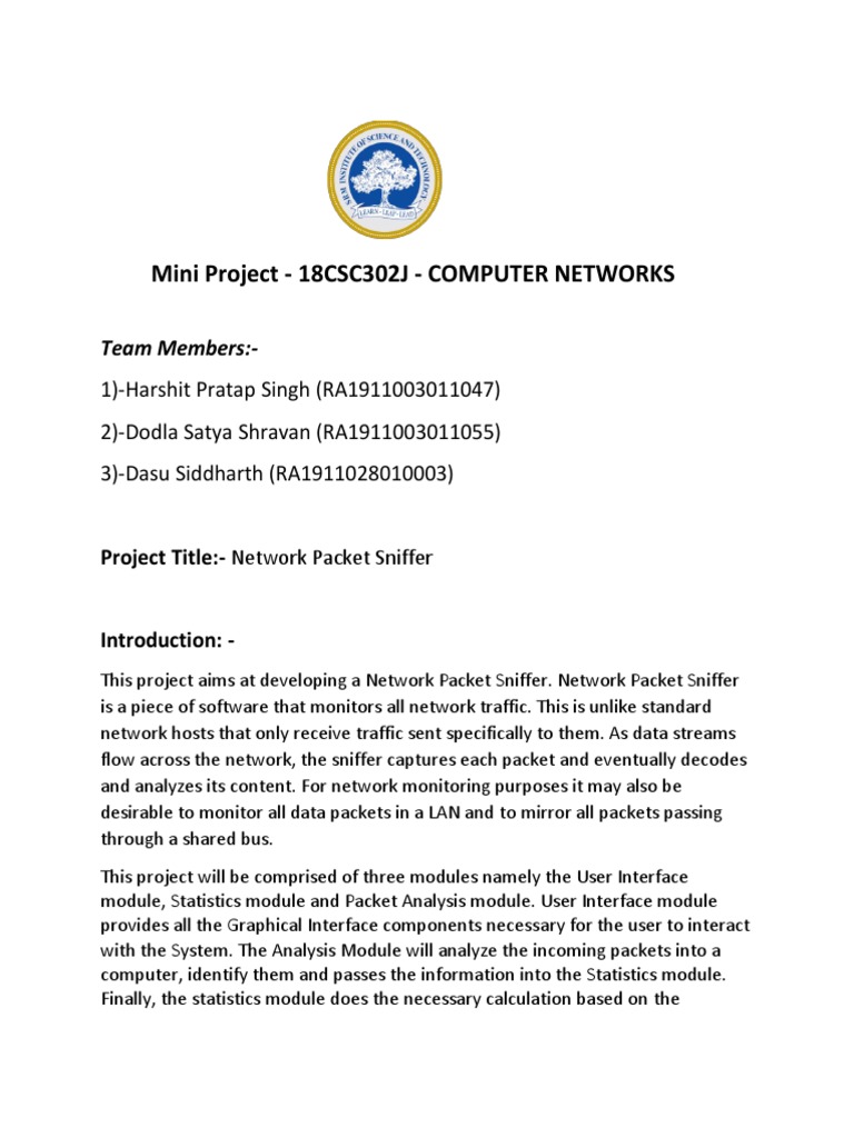Mini Project - 18CSC302J - COMPUTER NETWORKS: Team Members | PDF ...