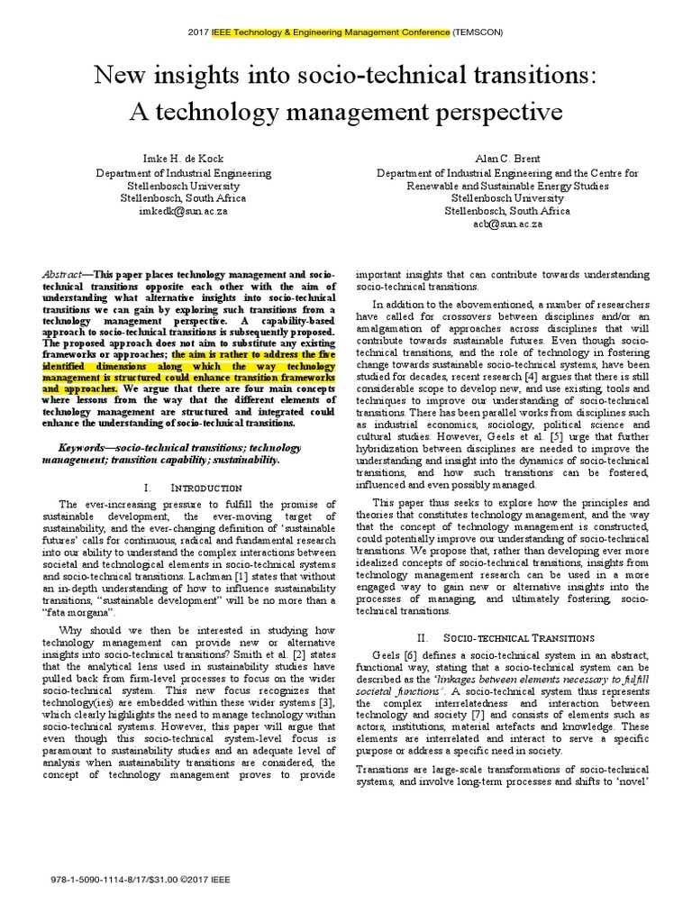 Kock 2017 - New Insights Into Socio-Technical Transitions - A ...