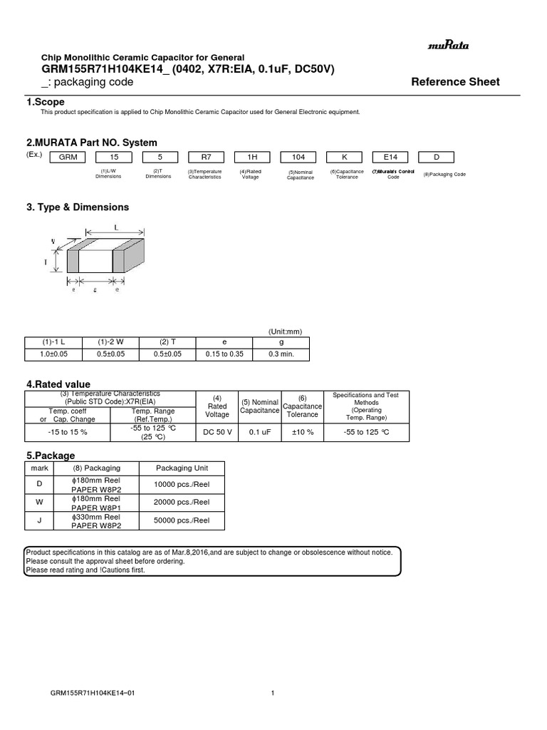 Chip Monolithic Ceramic Capacitor Spec Sheet | PDF | Capacitor ...