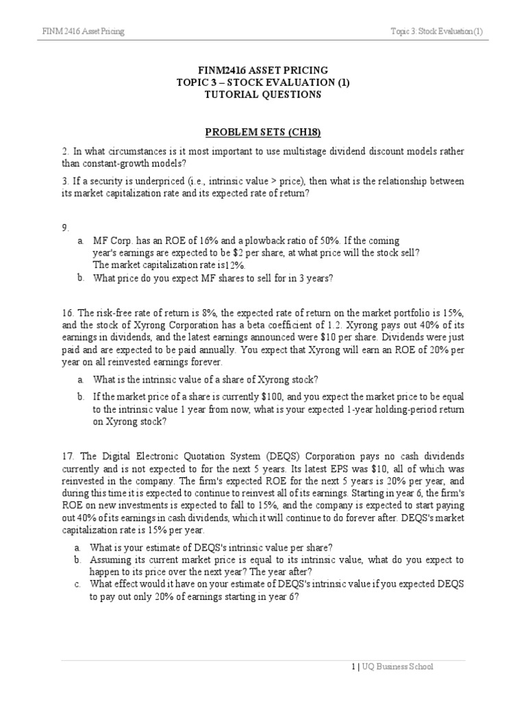 Tutorial 3 Questions | Download Free PDF | Dividend | Stocks