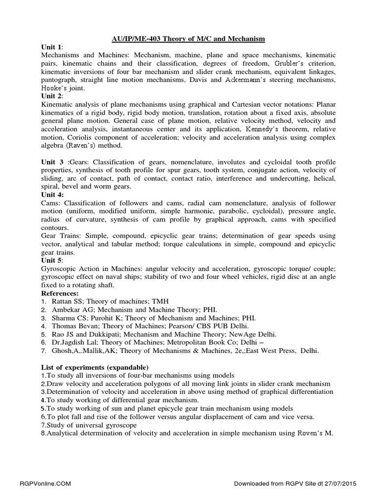 RGPV Syllabus Grading Me 403 Theory of MC and Mechanism | PDF ...