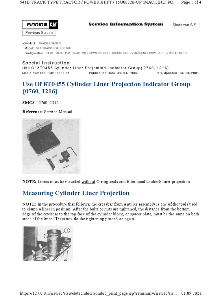 Use of 8T0455 Cylinder Liner Projection Indicator Group (0760, 1216 ...
