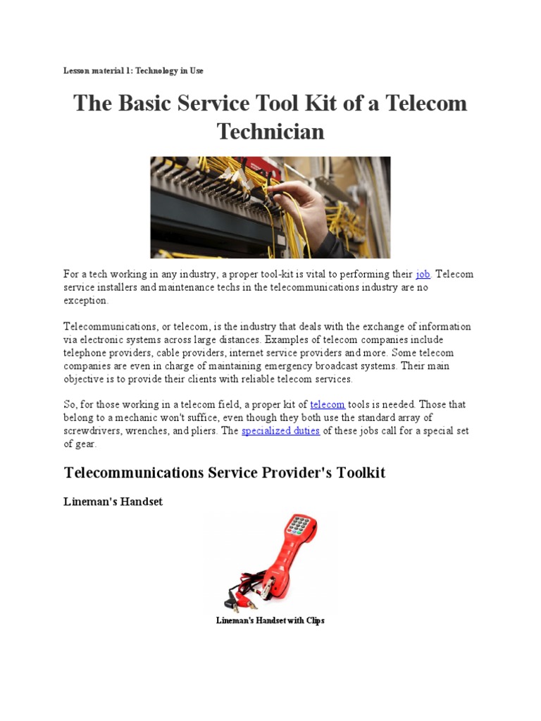 The Basic Service Tool Kit of A Telecom Technician | PDF | Electrical ...