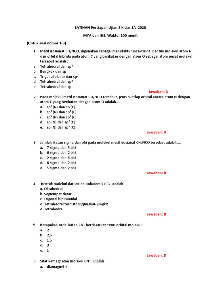 Latihan Soal Persiapan Ujian 2 Kimia Dasar Bagian 1 2020 | PDF