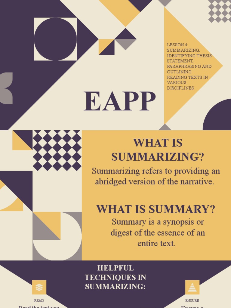 Lesson 4: Summarizing, Identifying Thesis Statement, Paraphrasing and Outlining Reading Texts in ...