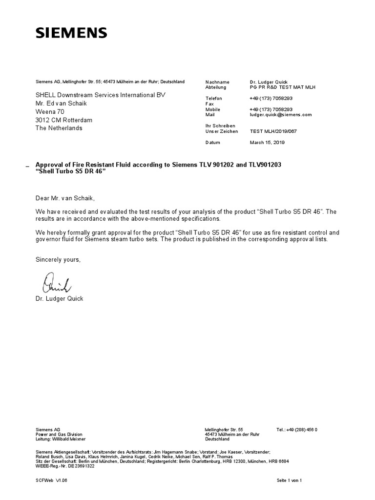 Siemens Power Approval Letter Shell Turbo S5 DR 46 | PDF