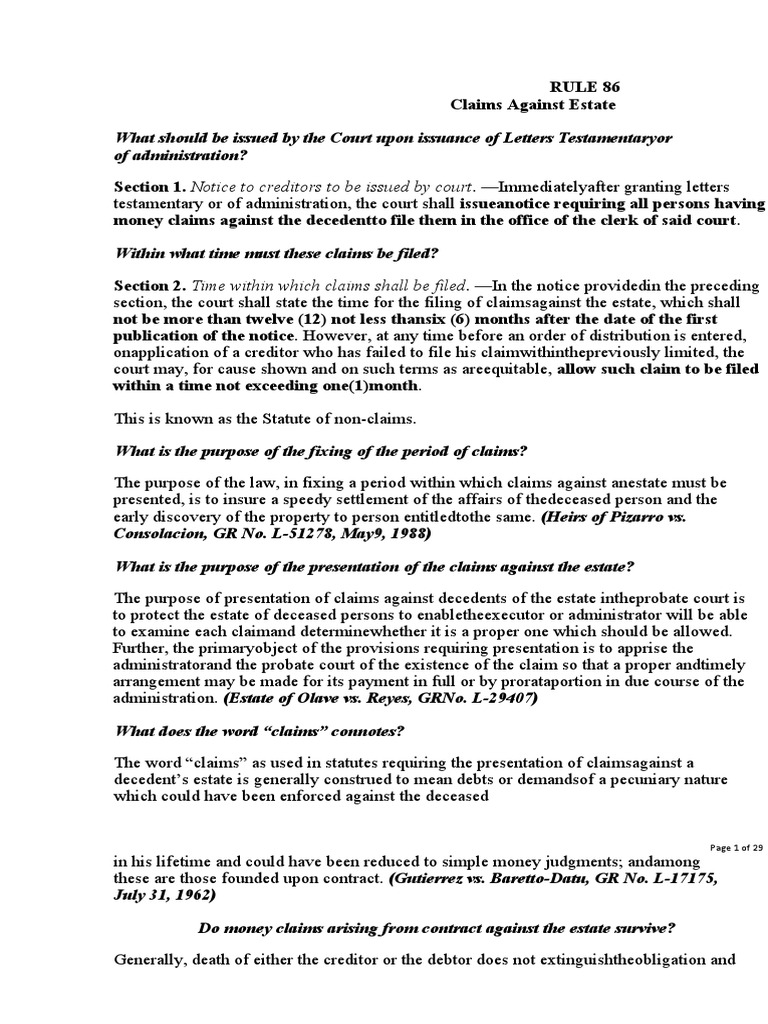 Rule 86: Claims Against Estates | PDF | Foreclosure | Mortgage Law