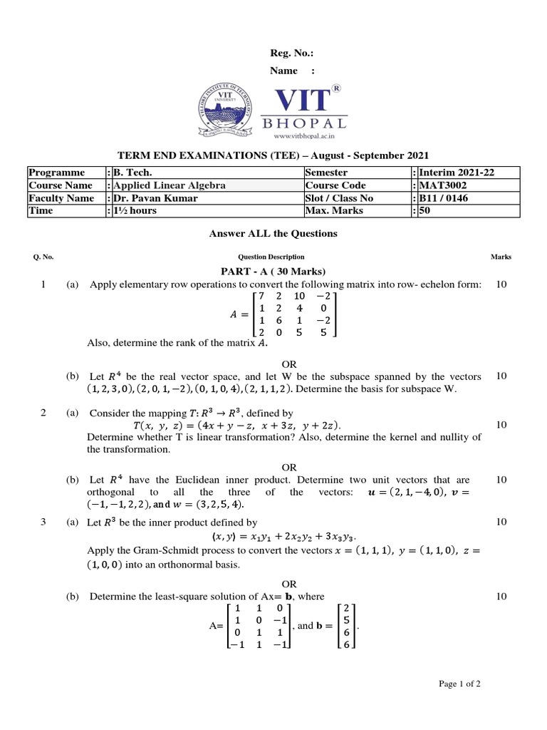 TEE QP B11 MAT3002 Applied Linear Algebra | PDF | Linear Subspace ... TEE QP B11 MAT3002 Applied Linear Algebra | PDF | Linear Subspace ...
