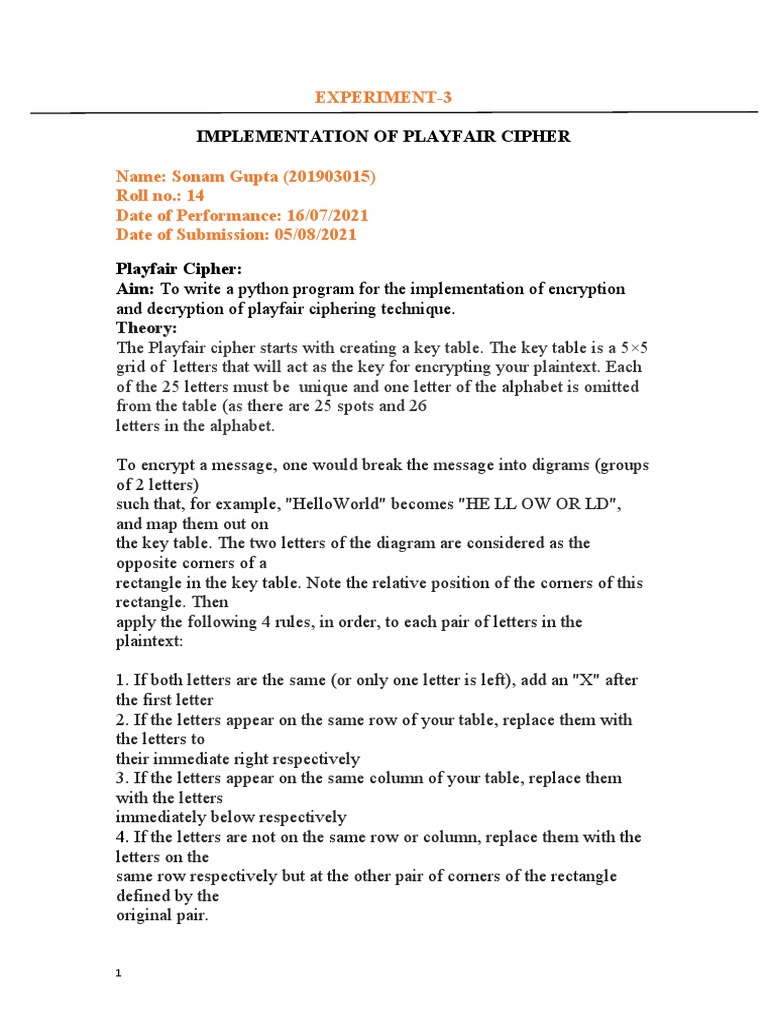 Implementation of Playfair Cipher: Experiment-3 | PDF | Military Communications | Secure ...