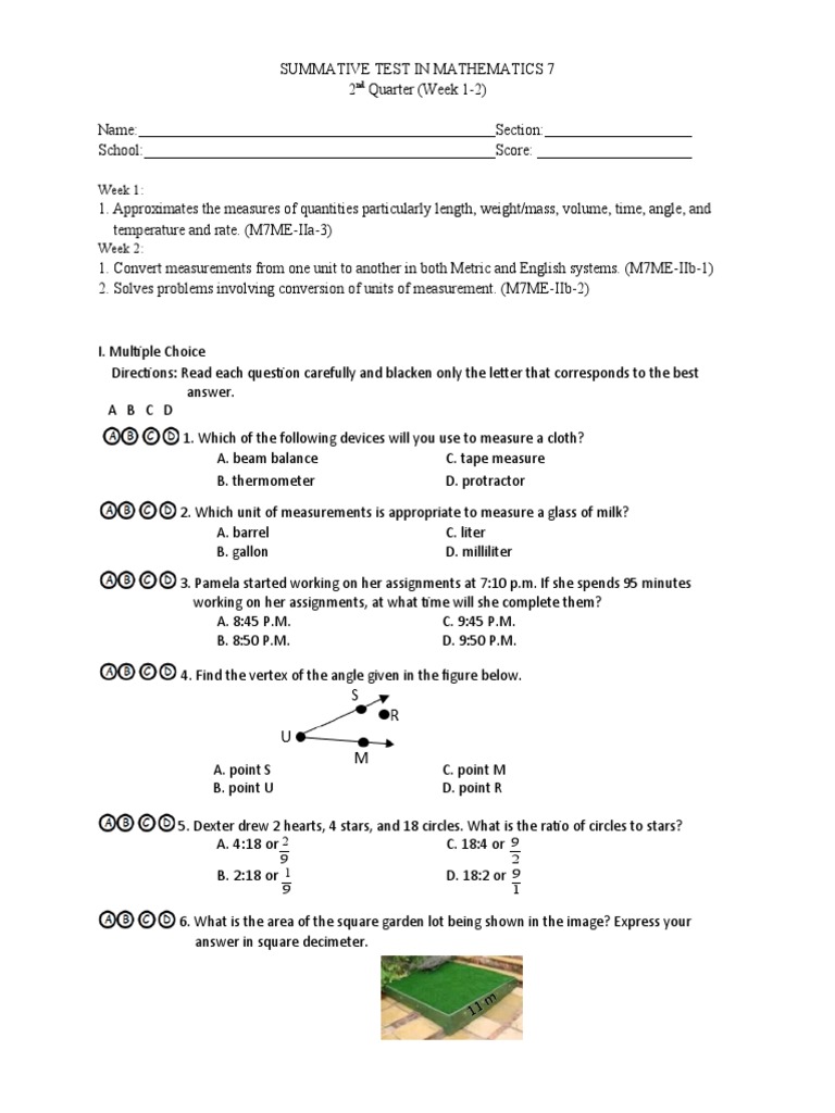 Math7 - Q2 Summative Test 1 1 | PDF | Measurement | Angle