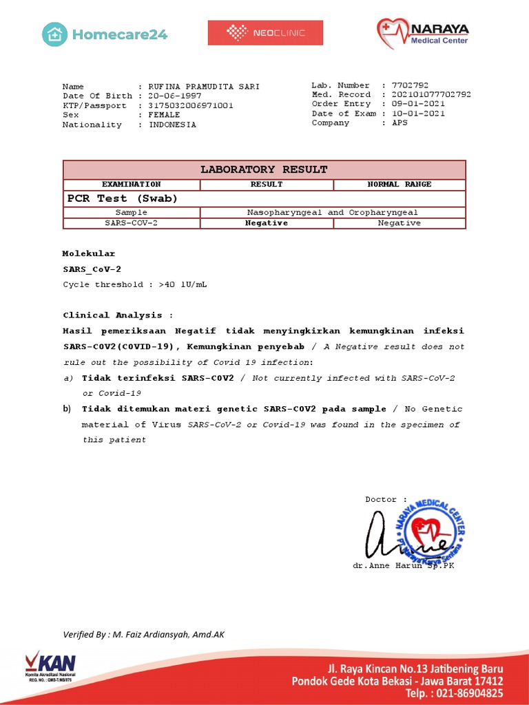 Laboratory Result PCR Test (Swab) : Molekular Sars - Cov-2 | PDF ...