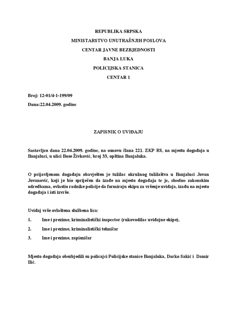 Ogledni Primjer Zapisnika o Uviđaju | PDF