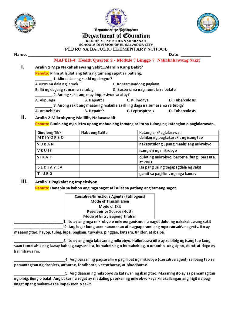Answer Sheet in Mapeh 4 Health M-7, Q2 | PDF