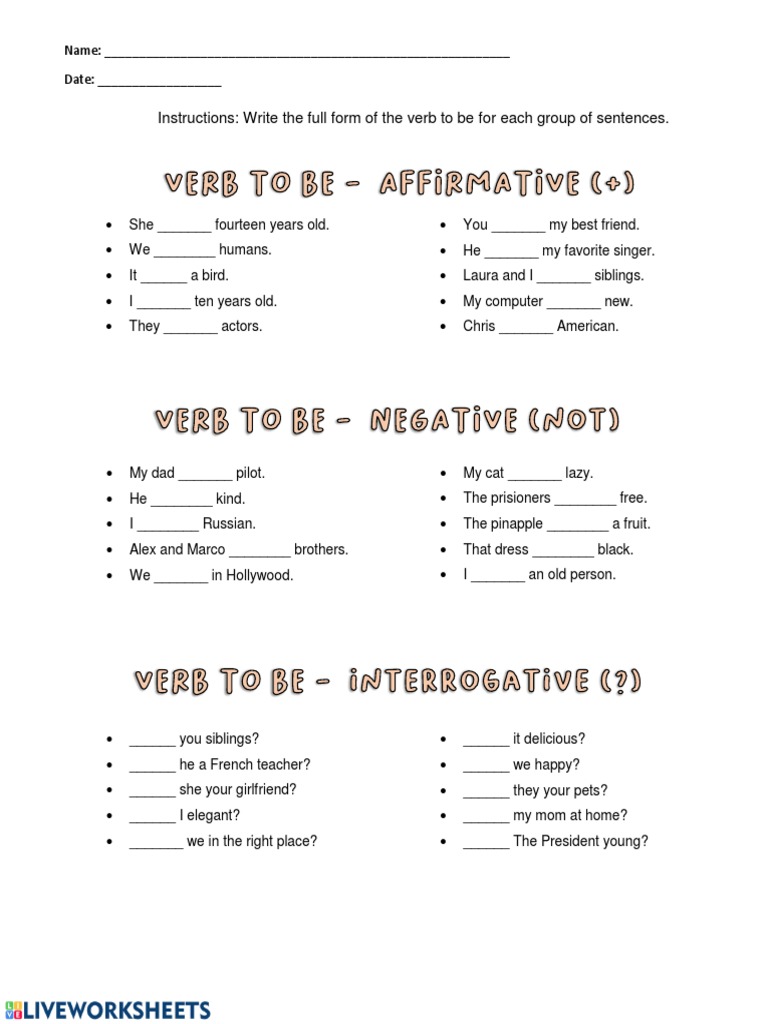 Instructions: Write The Full Form of The Verb To Be For Each Group of ...