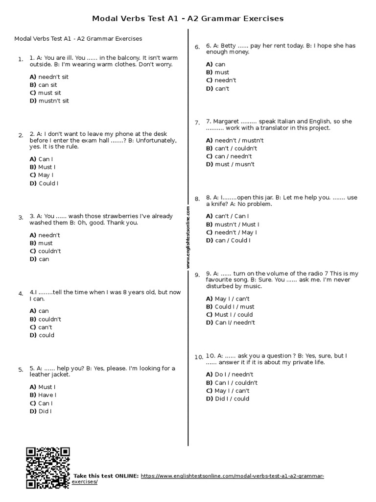 461 Modal Verbs Test A1 A2 Grammar Exercises | PDF