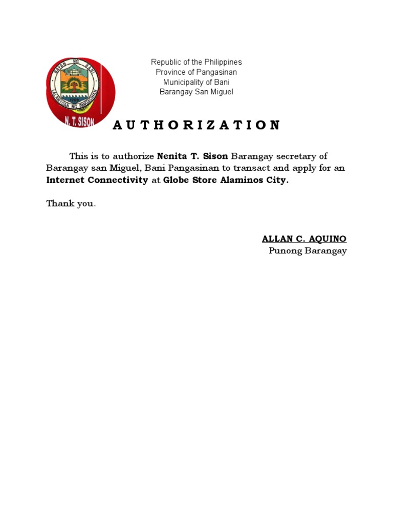 Authorization Documents from Barangay San Miguel | PDF