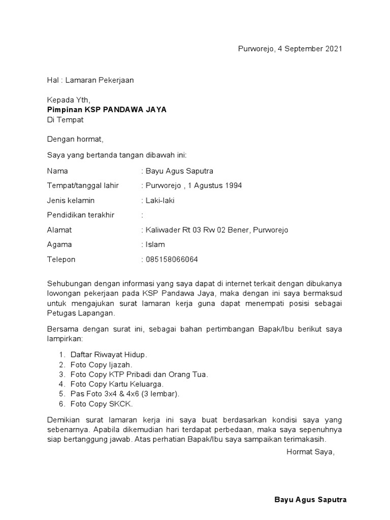 Surat Lamaran Kerja KSP Pandawa Jaya | PDF | Pengembangan Diri ...